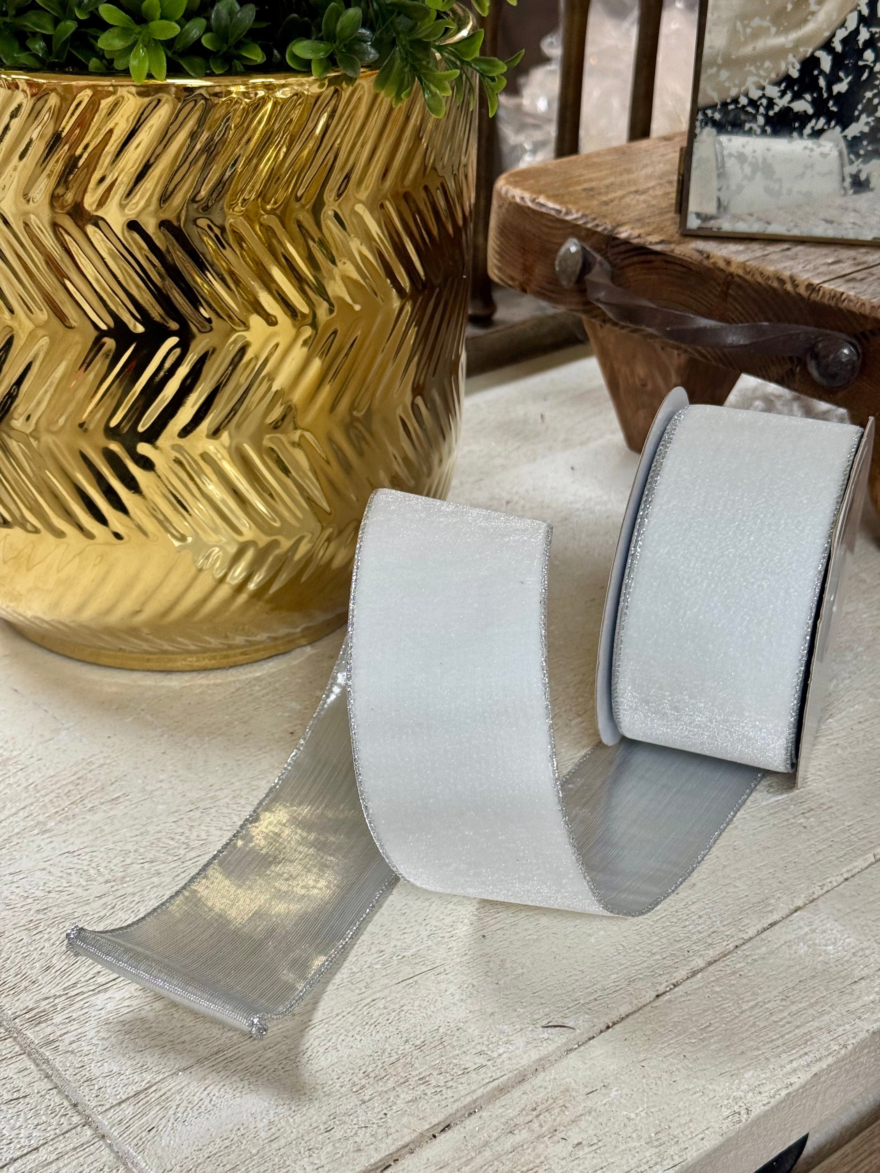 2.5 Inch By 10 Yard White And Silver Velvet Metallic Backing Ribbon ...