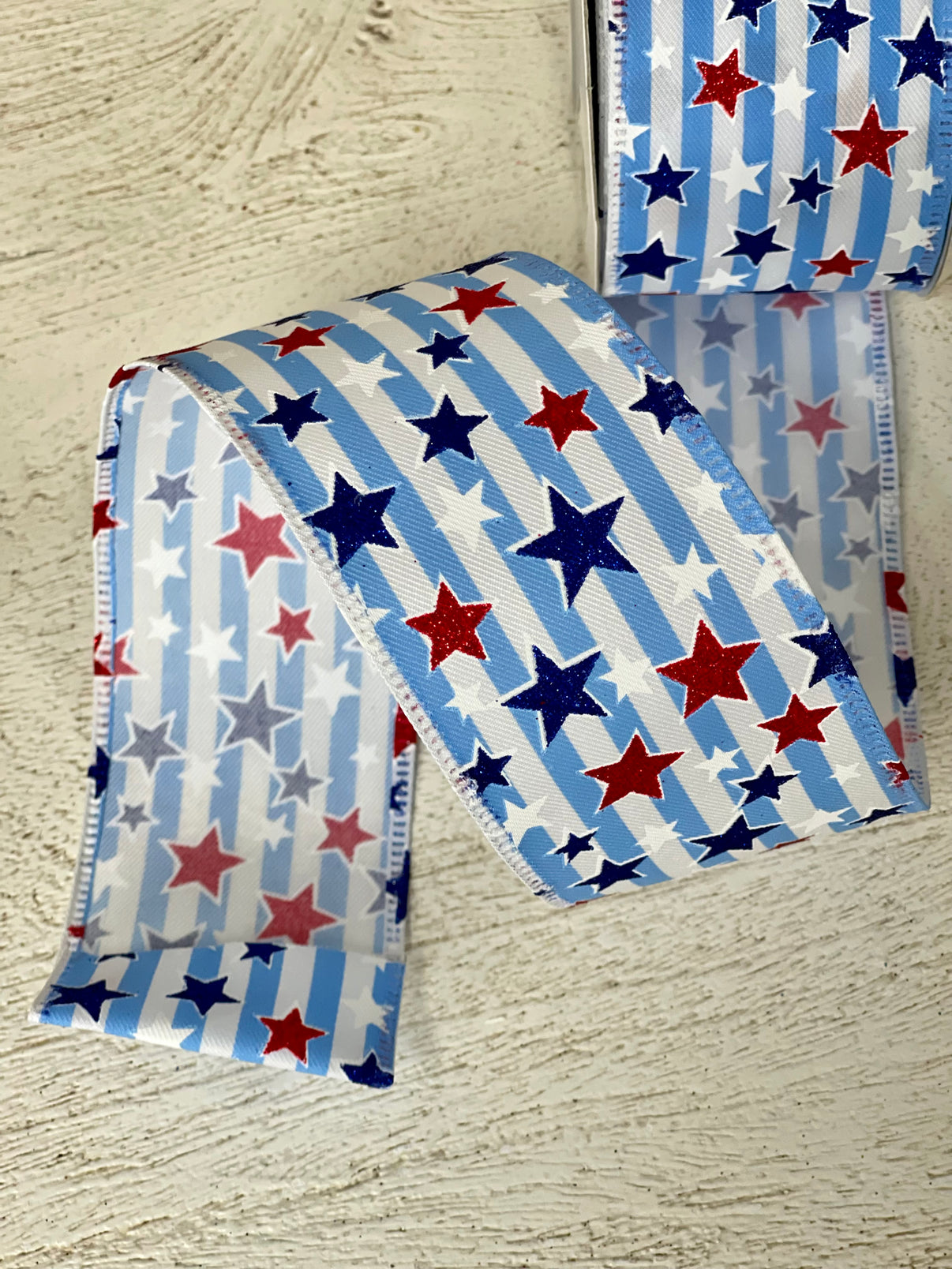 2.5 Inch By 10 Yard Blue And White Striped With Glitter Stars Ribbon ...
