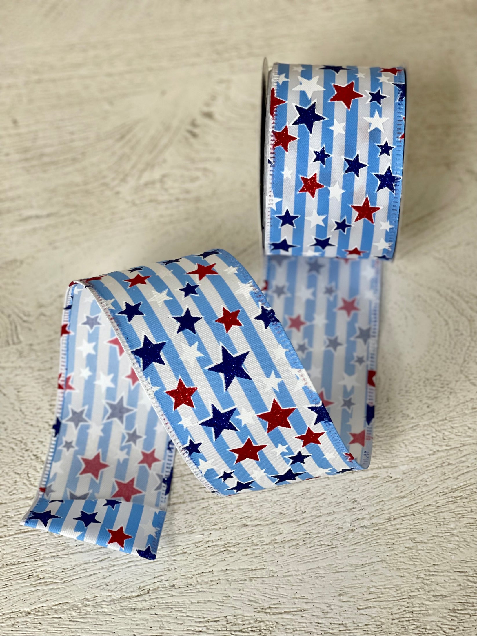 2.5 Inch By 10 Yard Blue And White Striped With Glitter Stars Ribbon ...